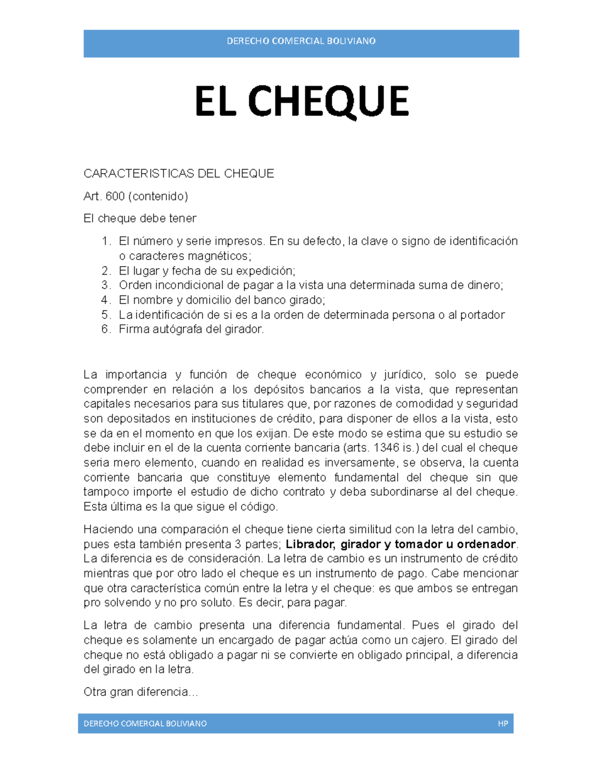 DERECHO COMERCIAL BOLIVIANO: Componentes y Normas del Cheque - Studocu