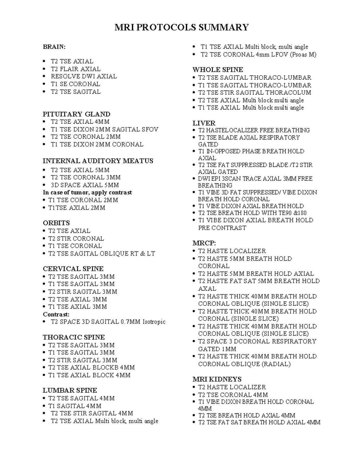 MRI Protocols Summary: Comprehensive Techniques for Brain & Body - Studocu