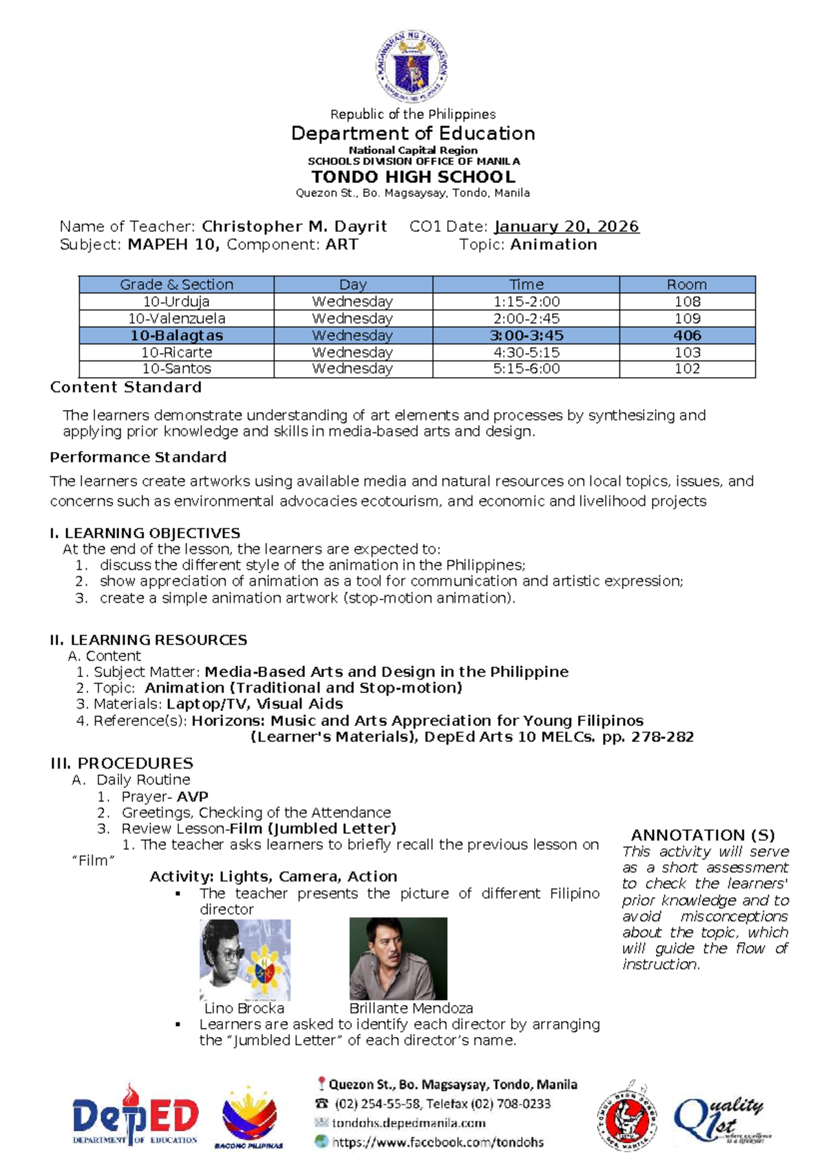 DLP-CO1 MAPEH 10: Animation Lesson Plan and Activities - Studocu