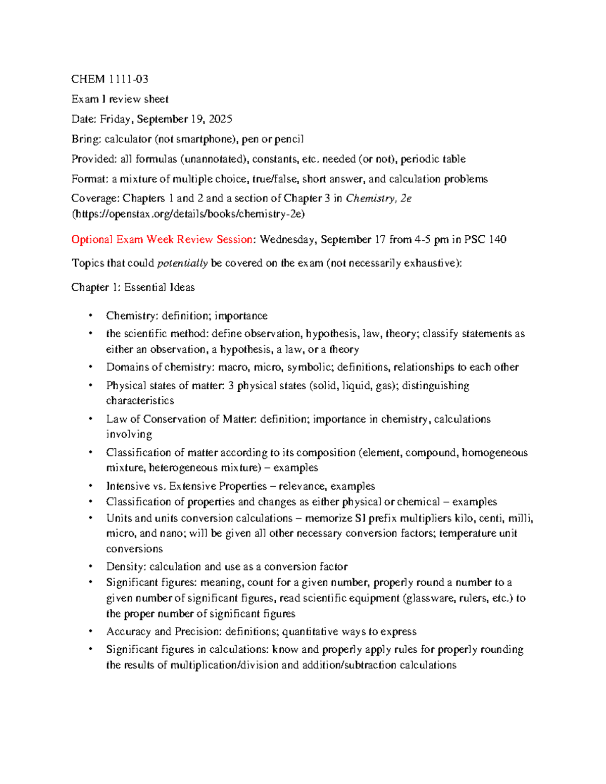 CHEM 1111-03 Exam I Review Sheet: Chapters 1-3 Overview - Studocu