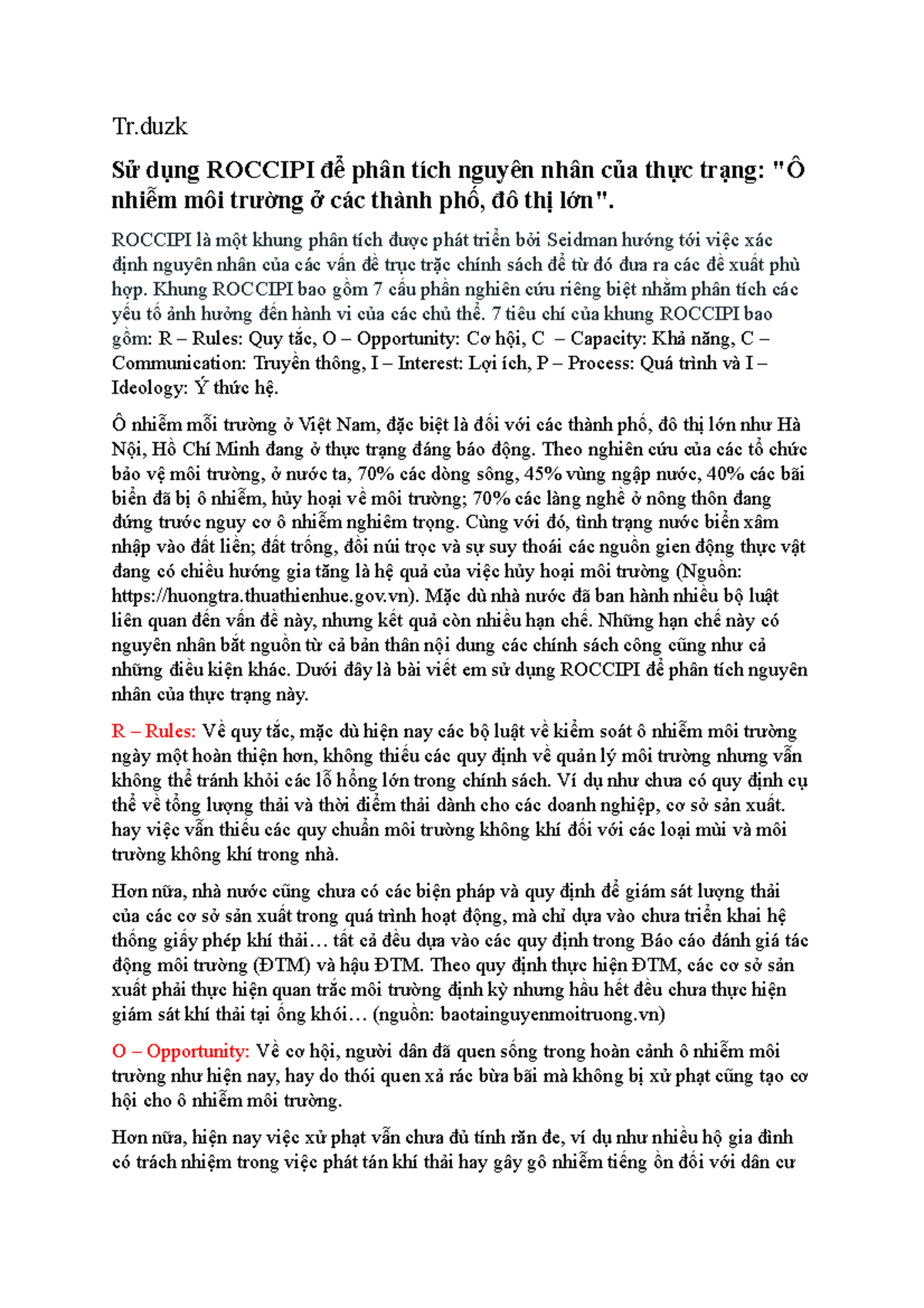 Sử dụng ROCCIPI Phân Tích Nguyên Nhân Ô Nhiễm Môi Trường Tại Đô Thị ...