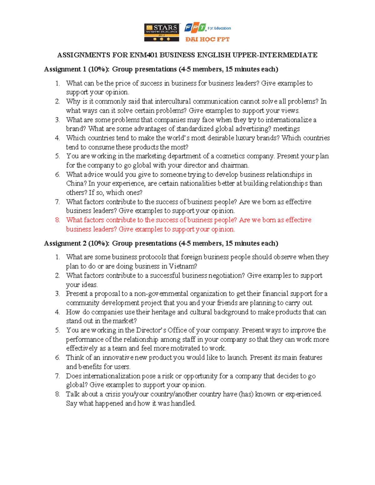 ENM401 Business English Assignment Topics Overview - Studocu