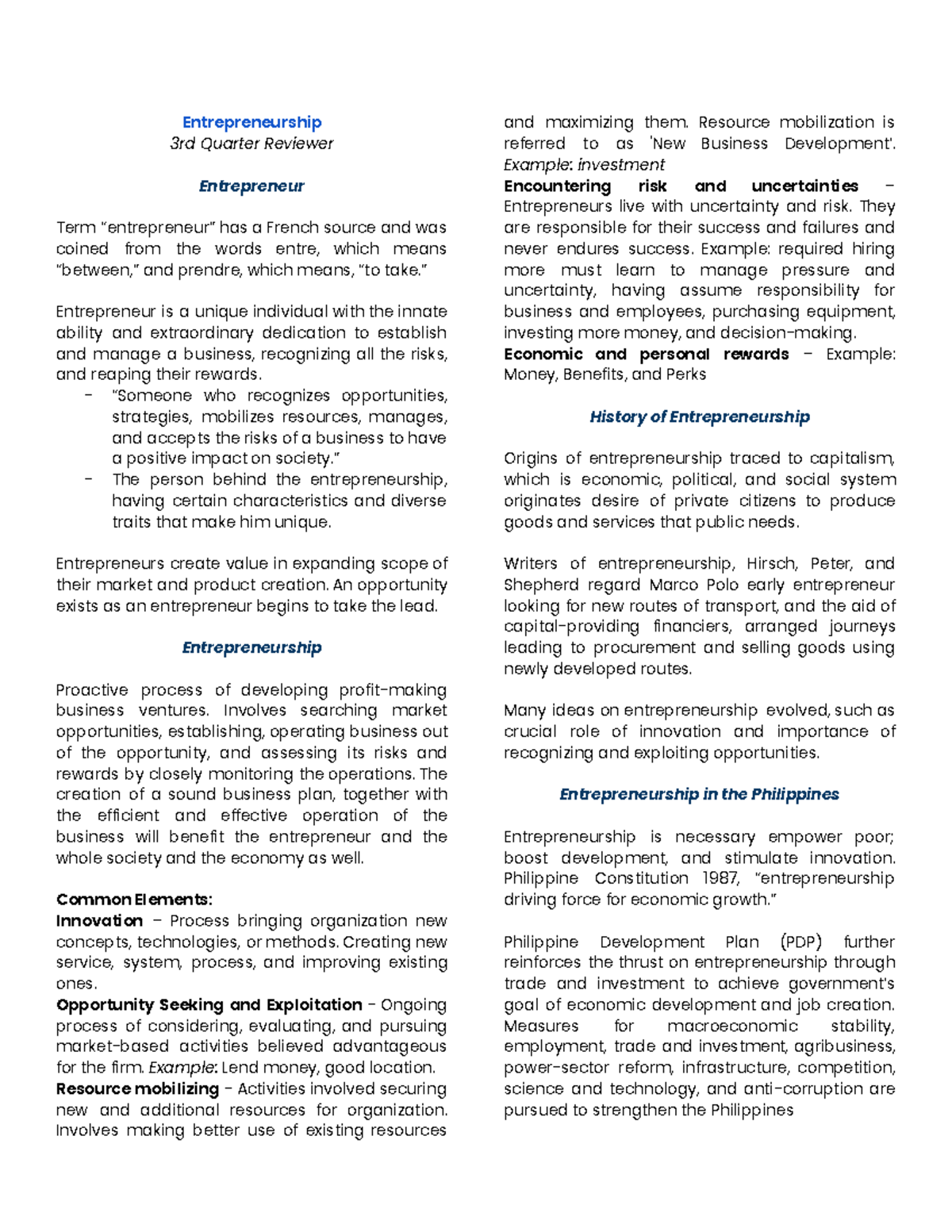 Entrep - Comprehensive 3rd Quarter Entrepreneurship Study Guide - Studocu