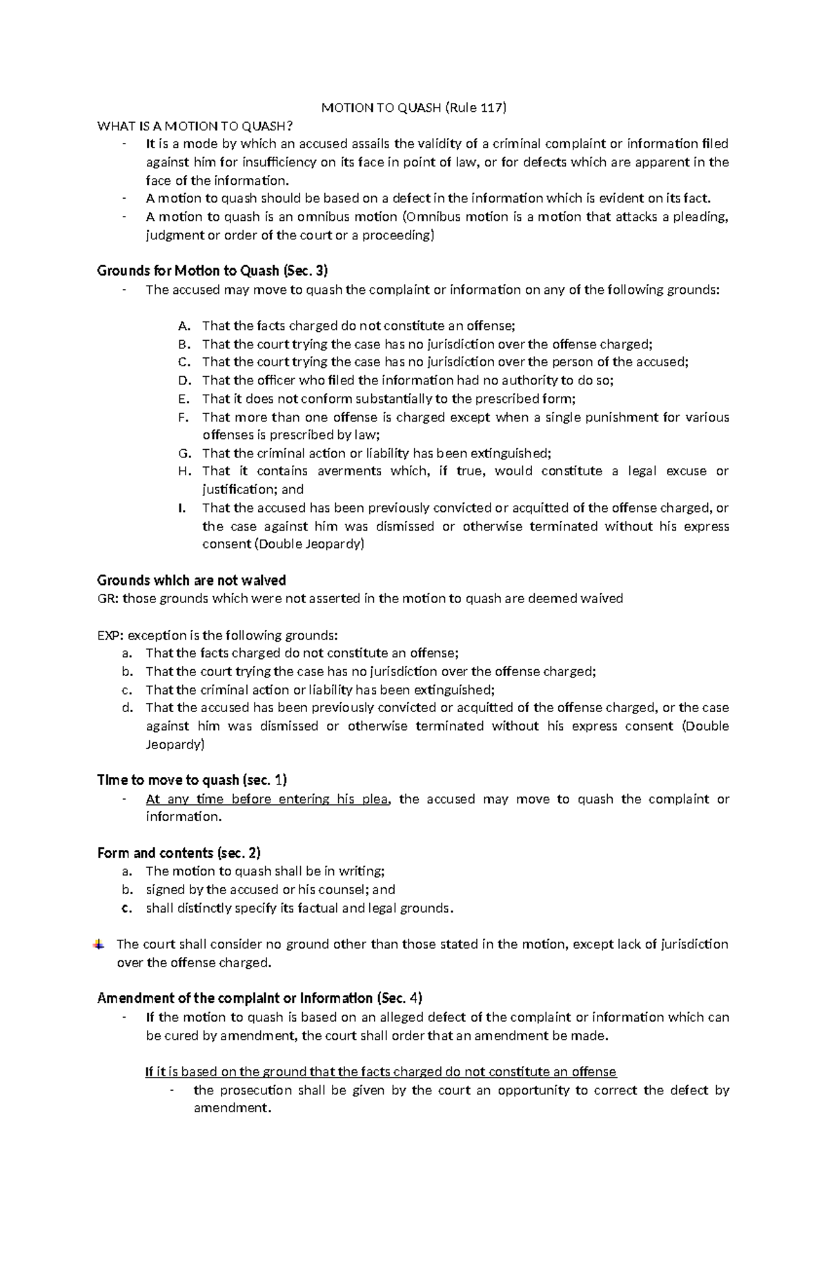 Motion to Quash - Understanding Its Grounds and Procedures - Studocu