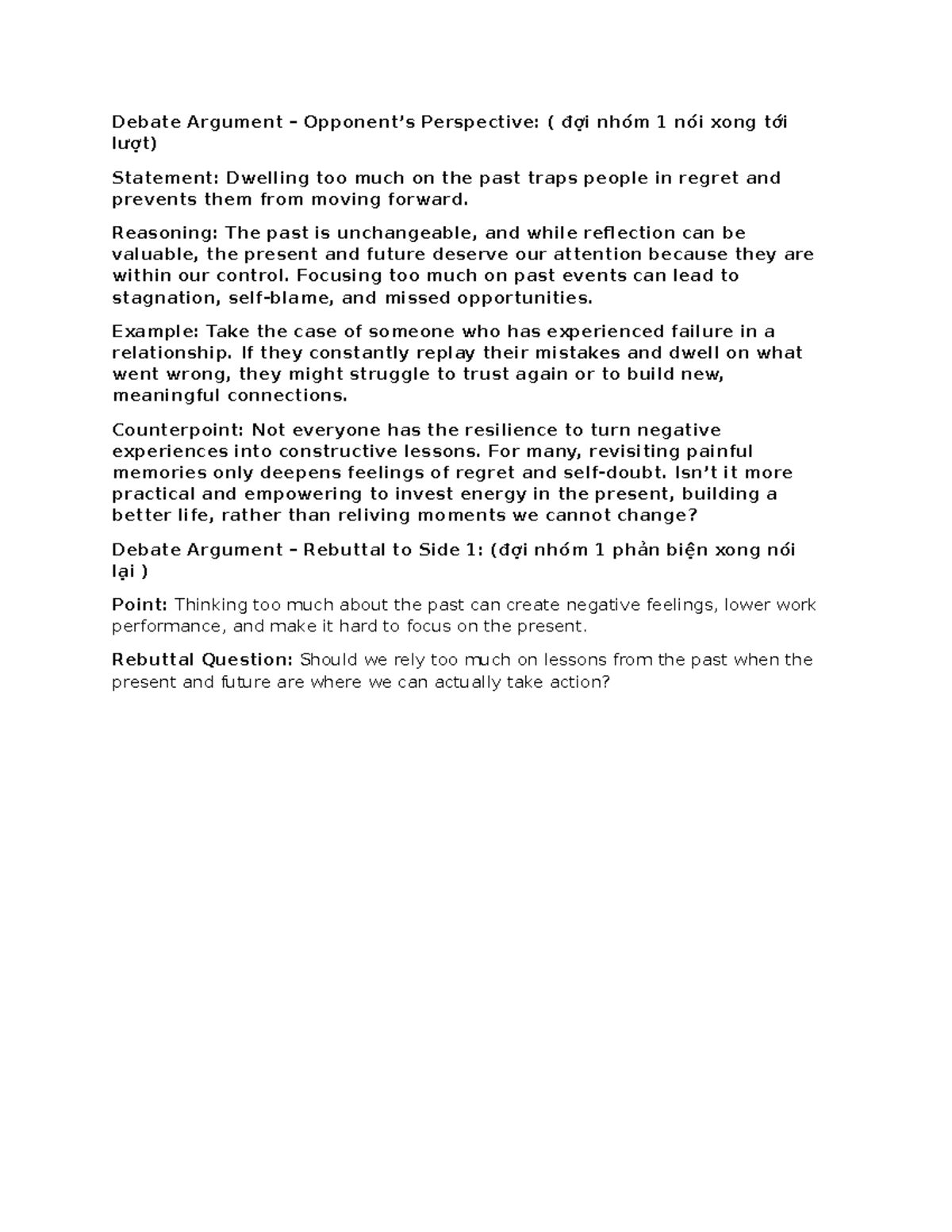 Debate Argument - Opponent's Viewpoint on Past Reflection - Studocu