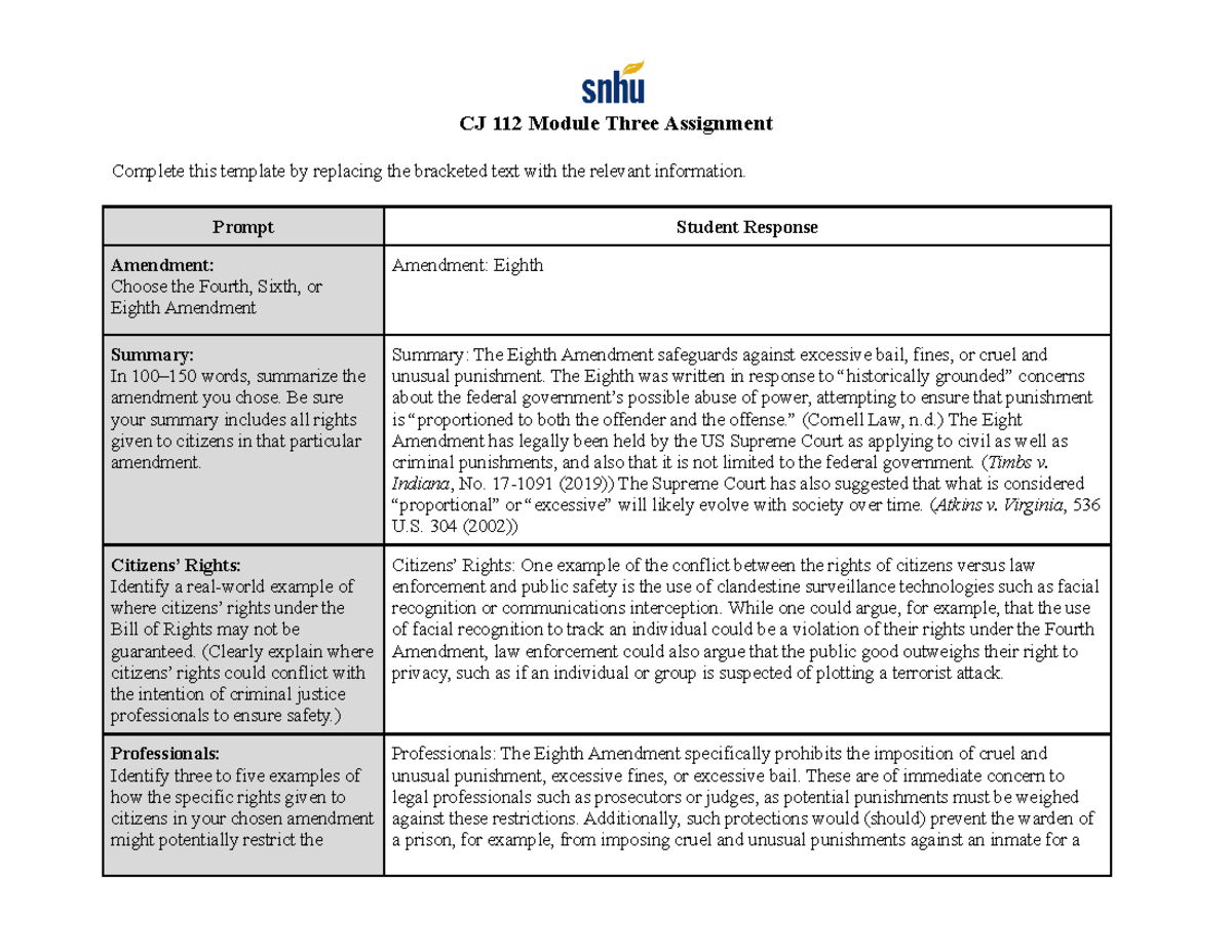CJ 112 Eighth Amendment Analysis Assignment - Studocu