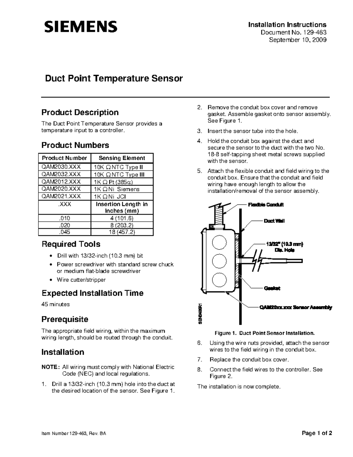 51464 Duct Point Temperature Sensor Installation Instruc en ...