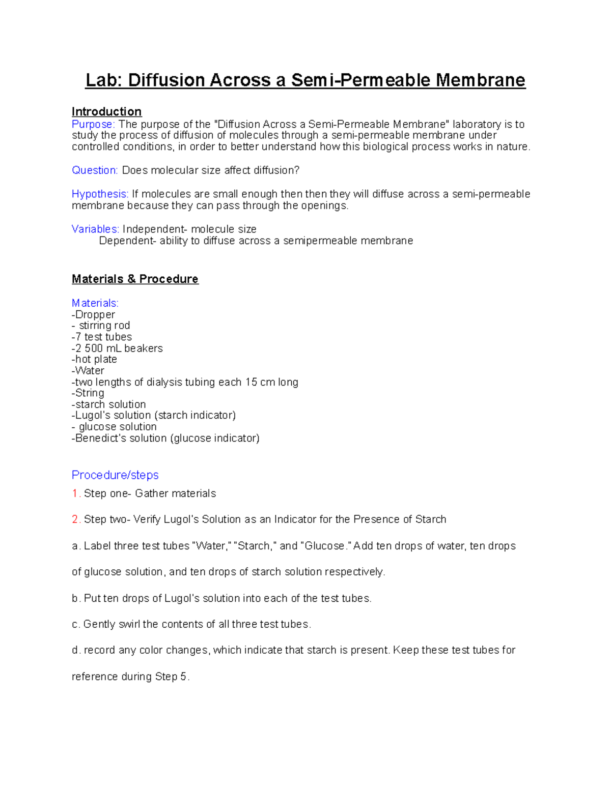 Lab Report: Diffusion Across Semi-Permeable Membrane - Biology 101 ...