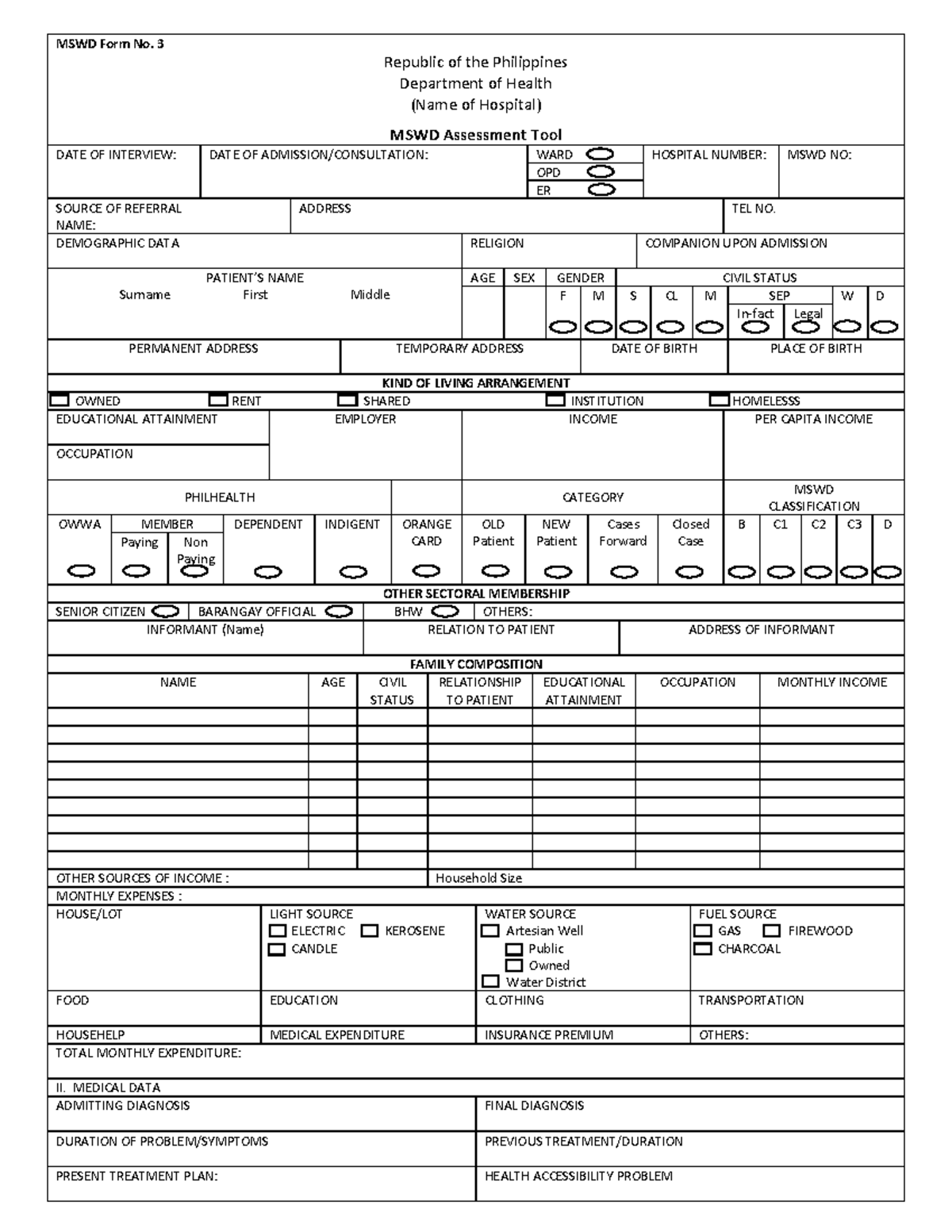 Assessment Tool: MSWD Form No. 3 for Patient Interviews - Studocu