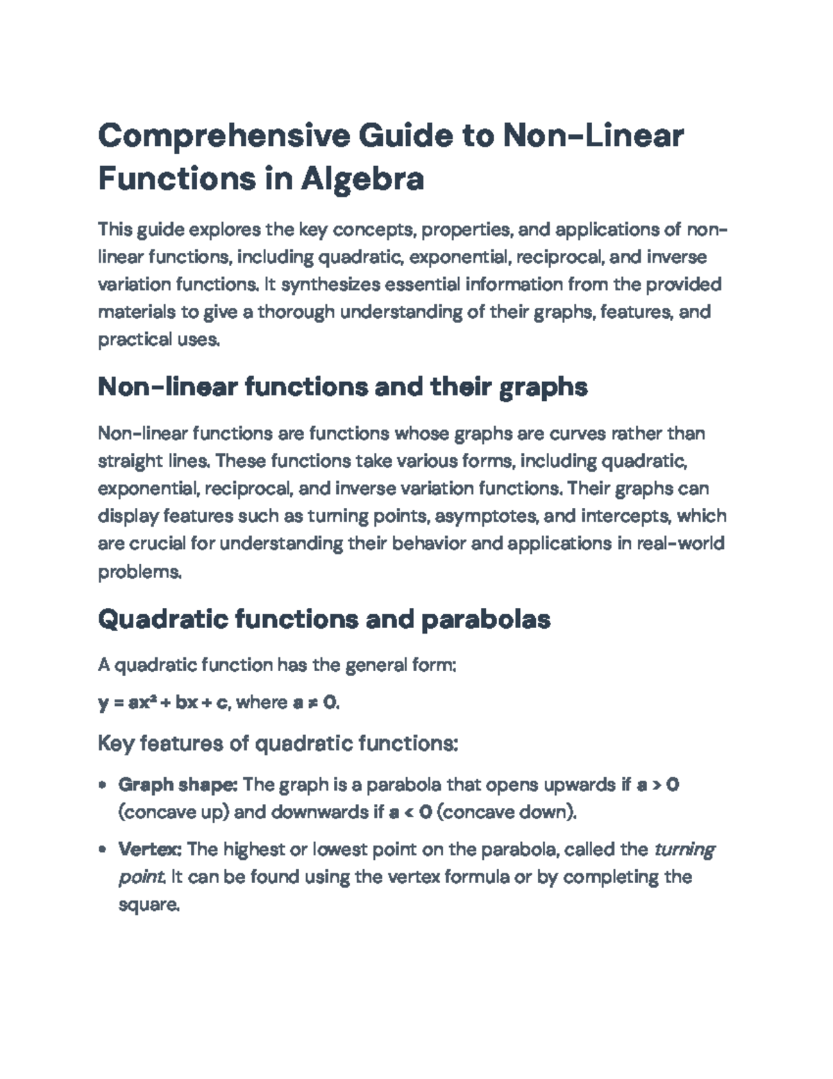 Comprehensive Guide to Non-Linear Functions in Algebra (MATH 101) - Studocu