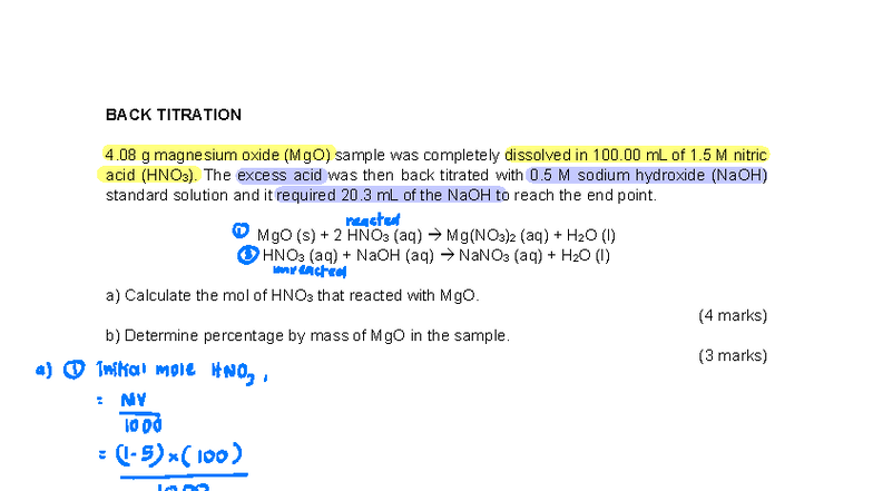 BACK Titration Notes: Analyzing MgO, Mg(OH)2, and CaCO3 - Studocu