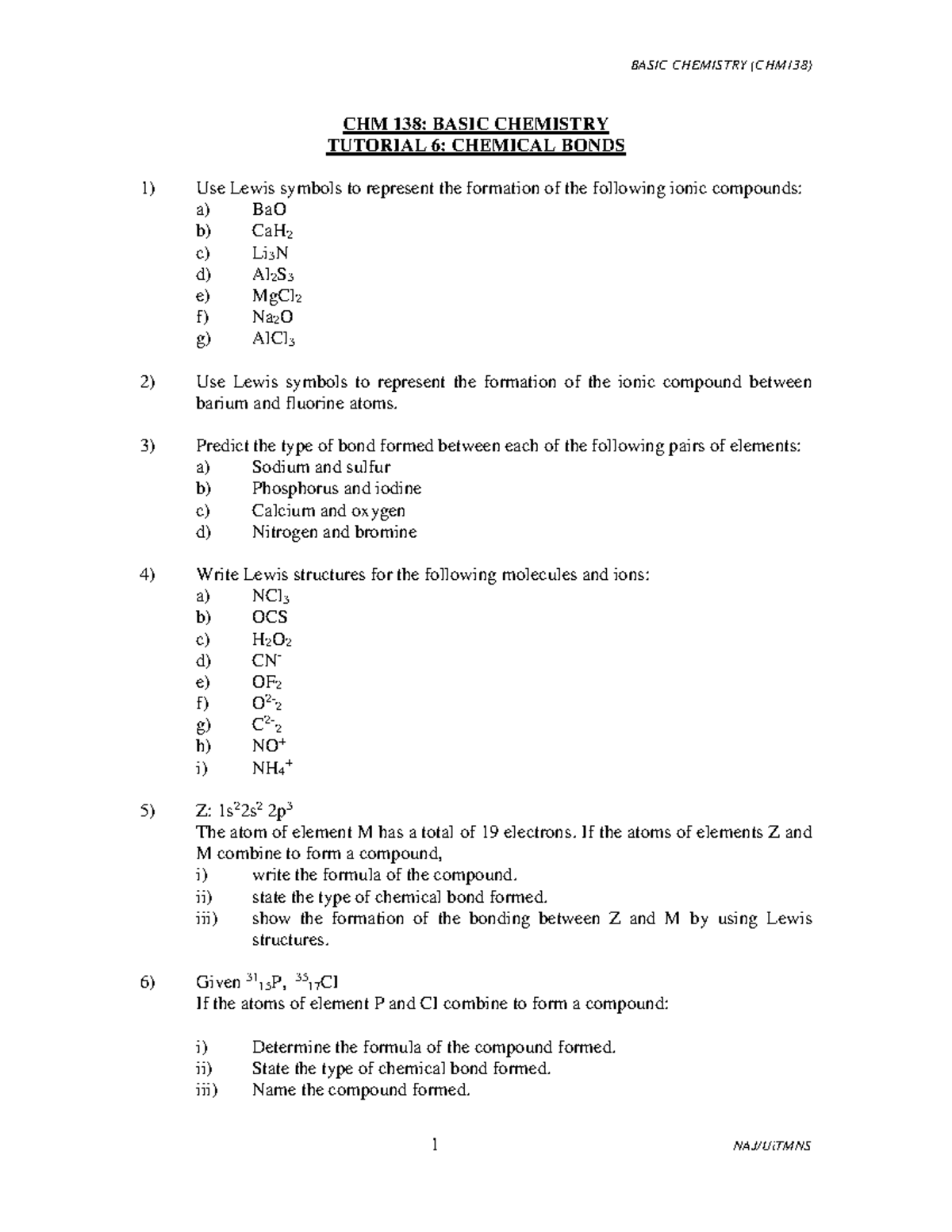 CHM138 Tutorial: Chemical Bonds in Basic Chemistry (Chapter 6) - Studocu