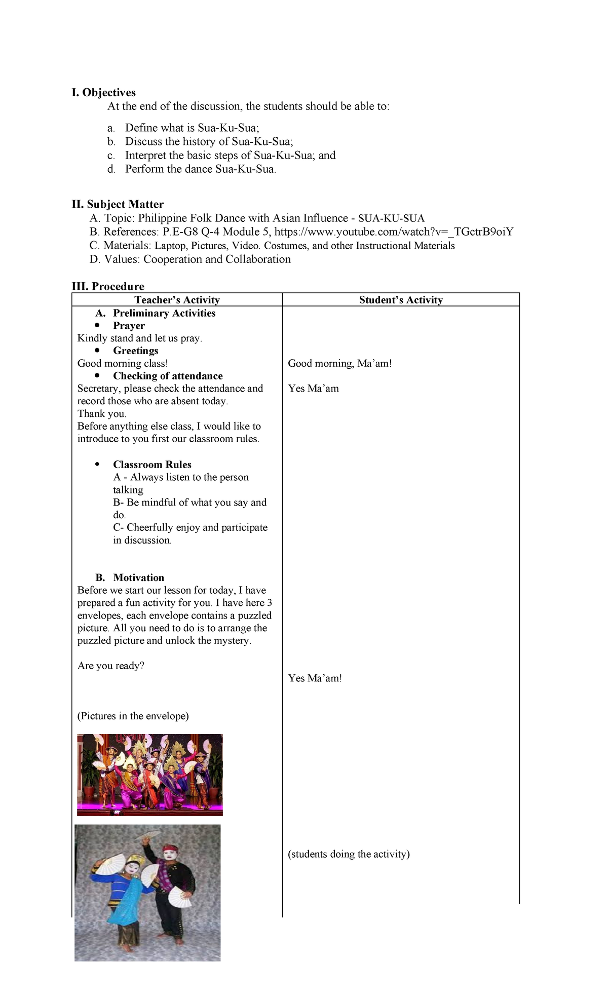 Detailed lesson plan in folk dance (Grade 8) - Sua Ku Sua - Studocu