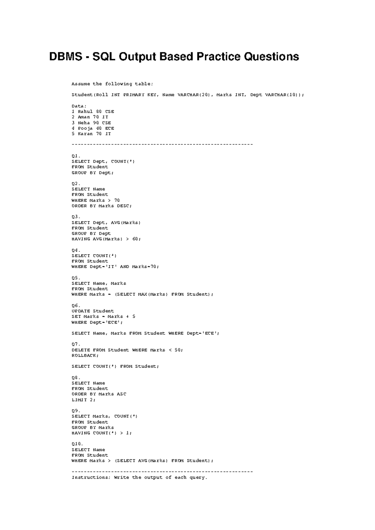 DBMS SQL Output Practice Questions and Solutions - Studocu