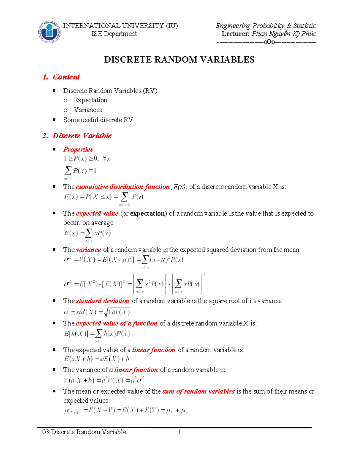 03 Discrete Random Variables: Concepts and Solutions for IU Engineering - Studocu