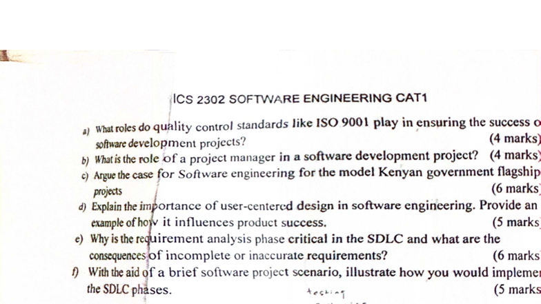 ICS 2302 SOFTWARE ENGINEERING CAT I - Key Concepts and Roles - Studocu