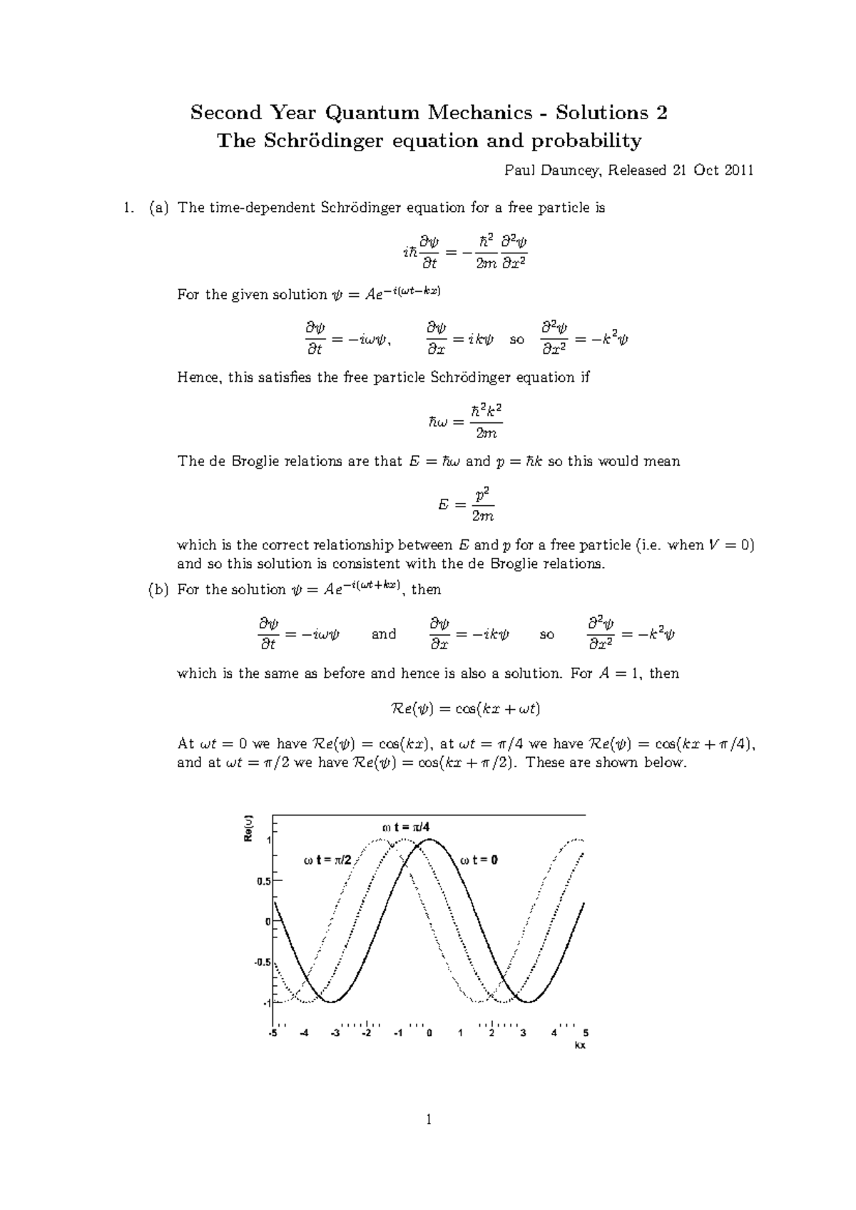 Quantum Mechanics 2011-2012 Problem Sheet 2 - Solutions - Second Year ...