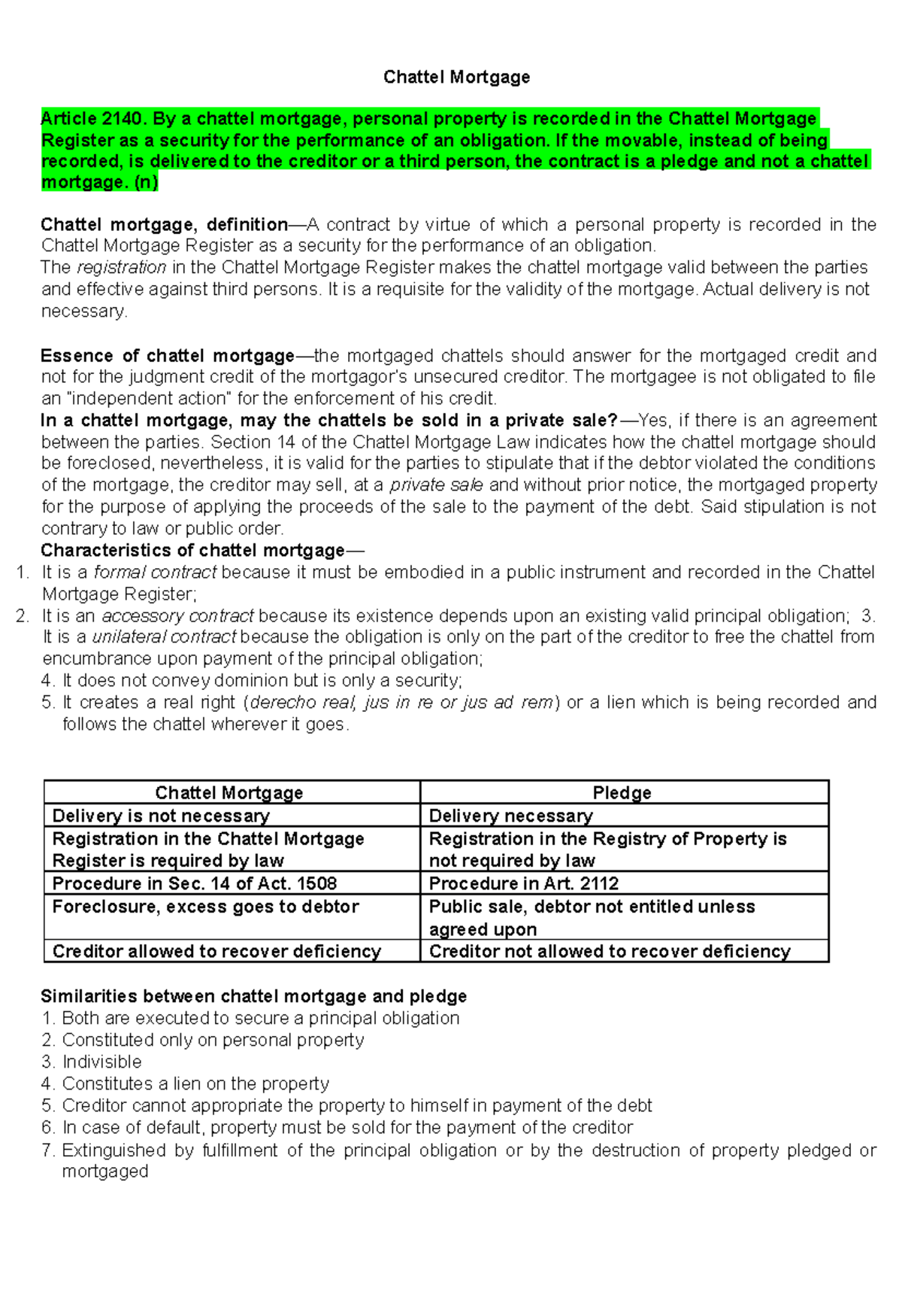 Notes on Chattel Mortgage - Chattel Mortgage Article 2140. By a chattel ...