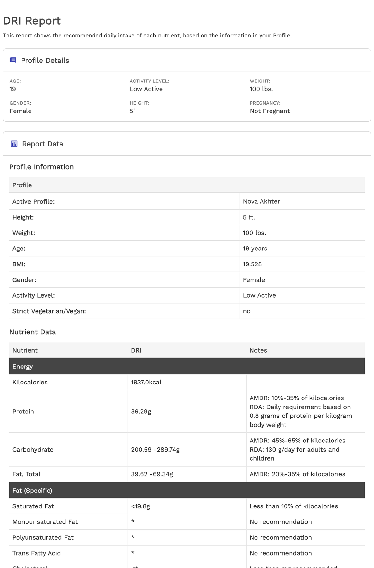 DRI Report for Nutrient Intake - Assignment - Studocu