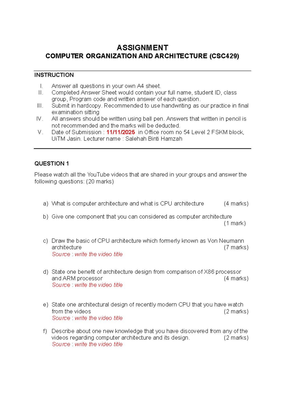 Assignment CSC429: Computer Organization & Architecture Overview - Studocu