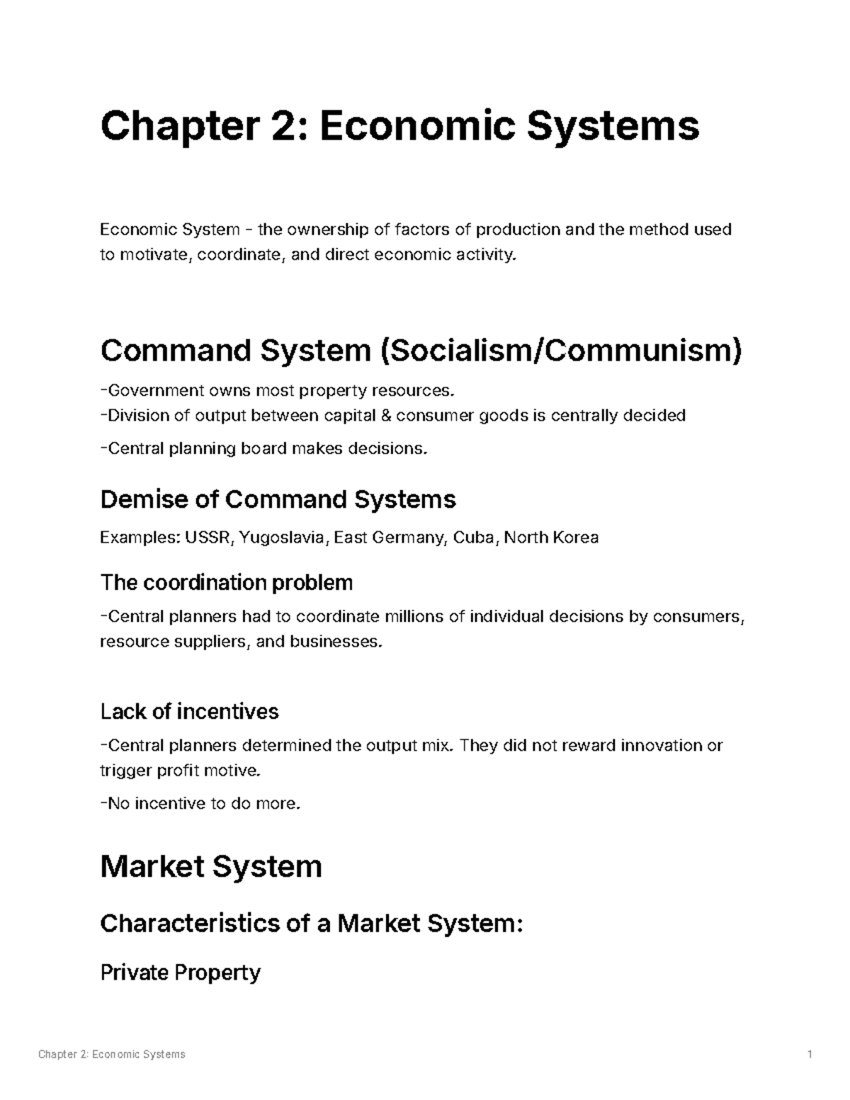 EKN110 Chapter 2 Summary: Economic Systems Overview - Studocu
