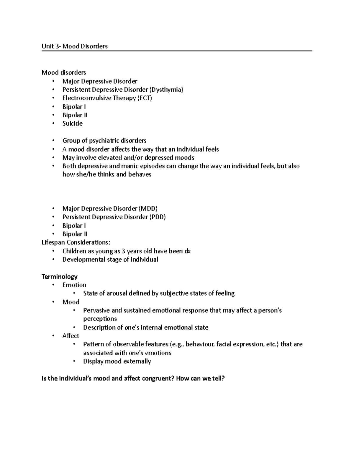 Unit 3 - Lecture notes 1 - Unit Mood Disorders Mood disorders Major ...