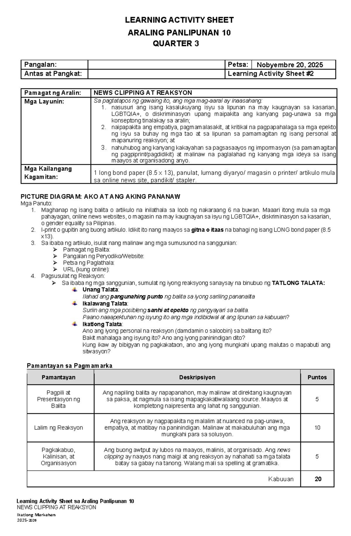 Q3 LRP 2 AP10: News Clipping at Reaksyon Activity Sheet - Studocu