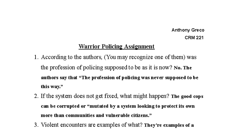 CRM 221 Warrior Policing Assignment: Analyzing Police Training Issues - Studocu