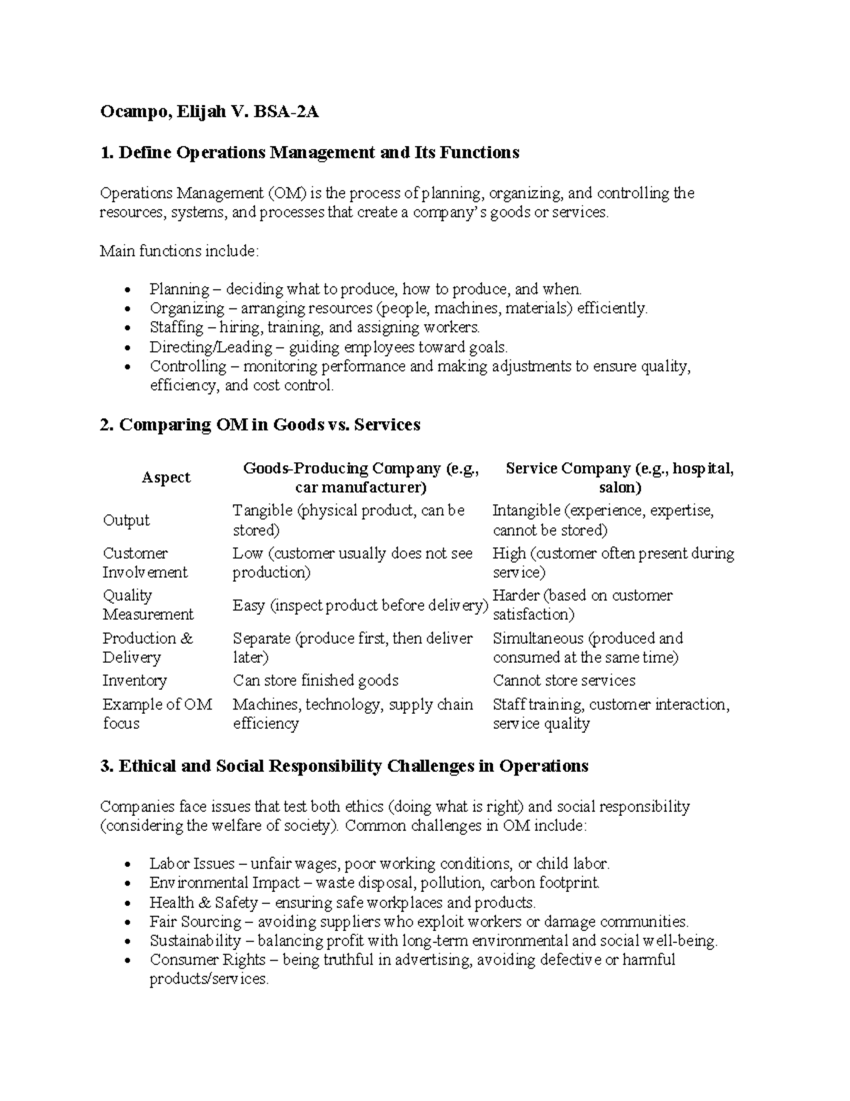 Operations Management Quiz 1: Functions, Goods vs. Services, Ethics ...