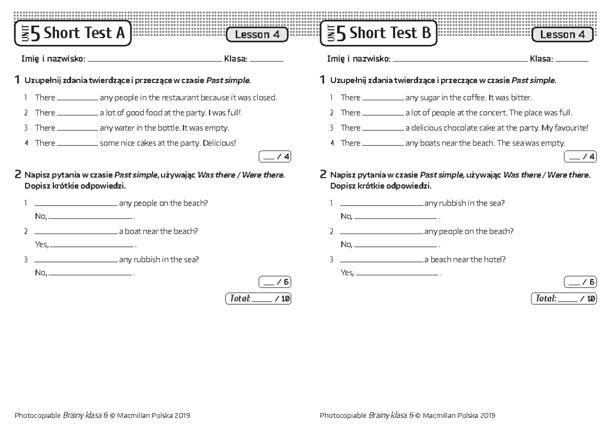 Brainy kl6 Short Tests: Past Simple Lesson 4 - Studocu