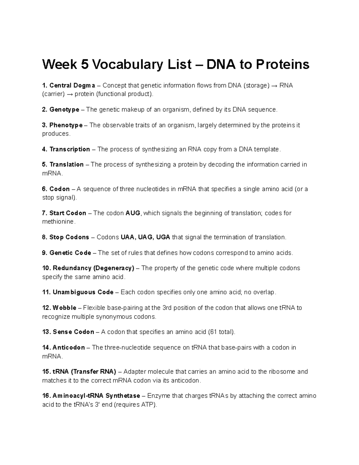 Week 5 Vocabulary List: DNA to Proteins Concepts & Terms - Studocu