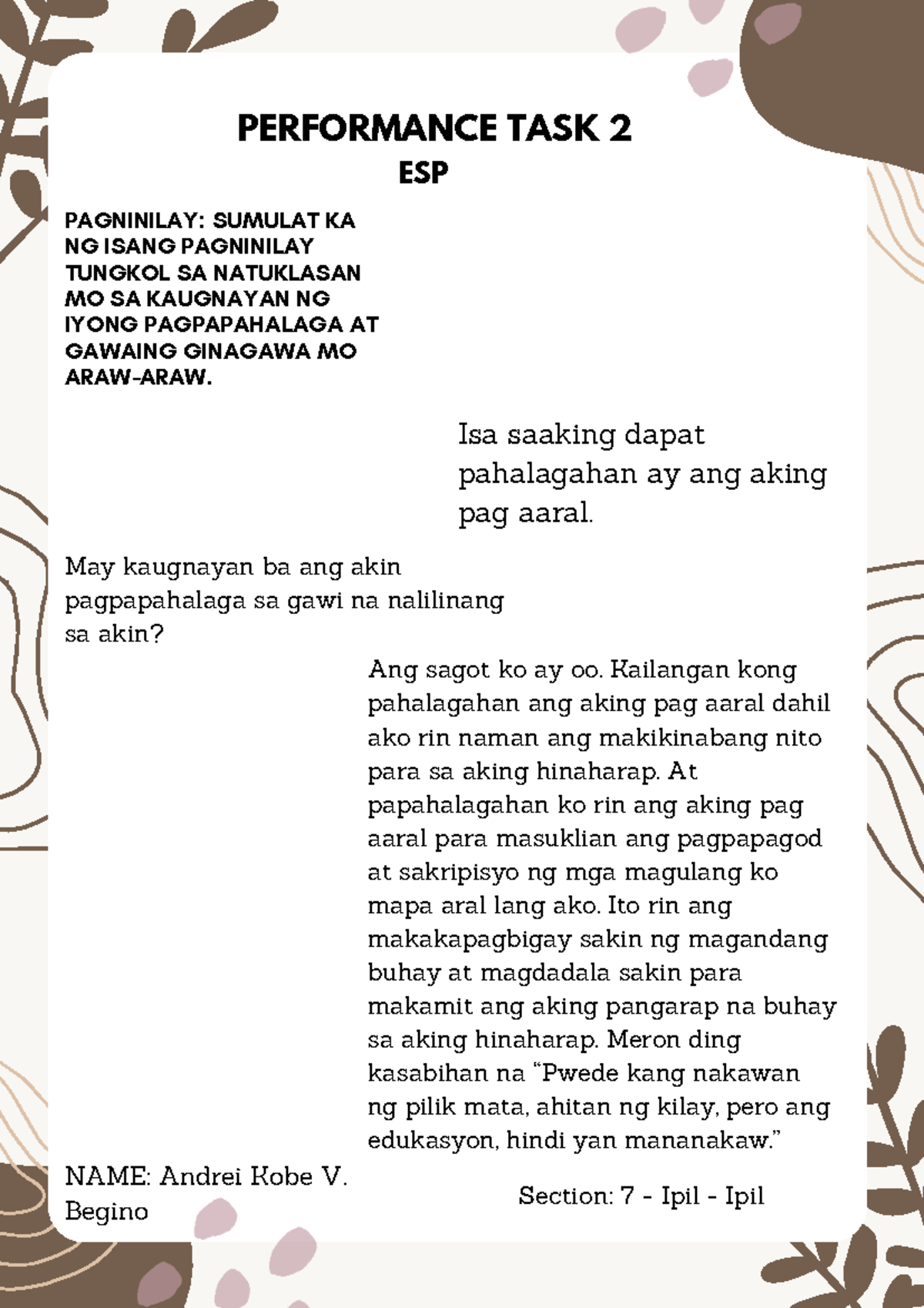 ESP Performance Task 2: Pahalagahan ng Edukasyon at Sakripisyo - Studocu