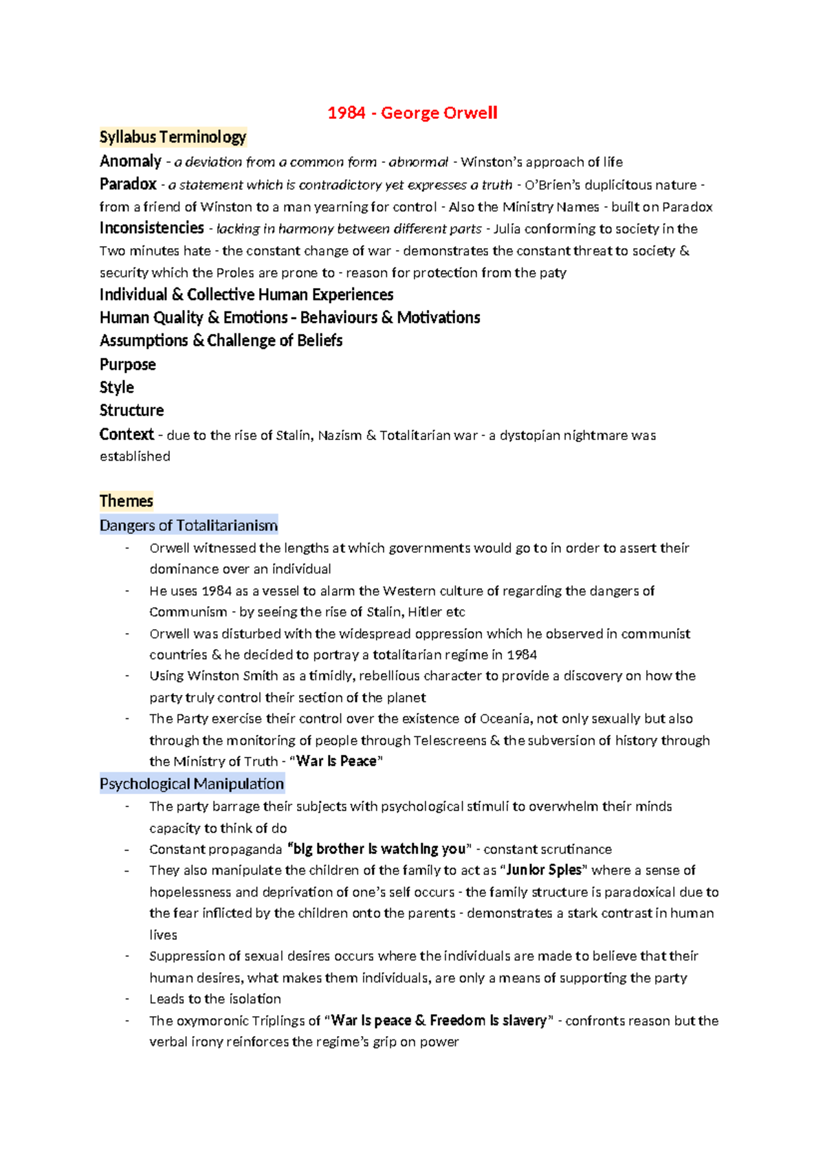 Detailed Note on 1984 - Common Module Texts and Human Experiences ...