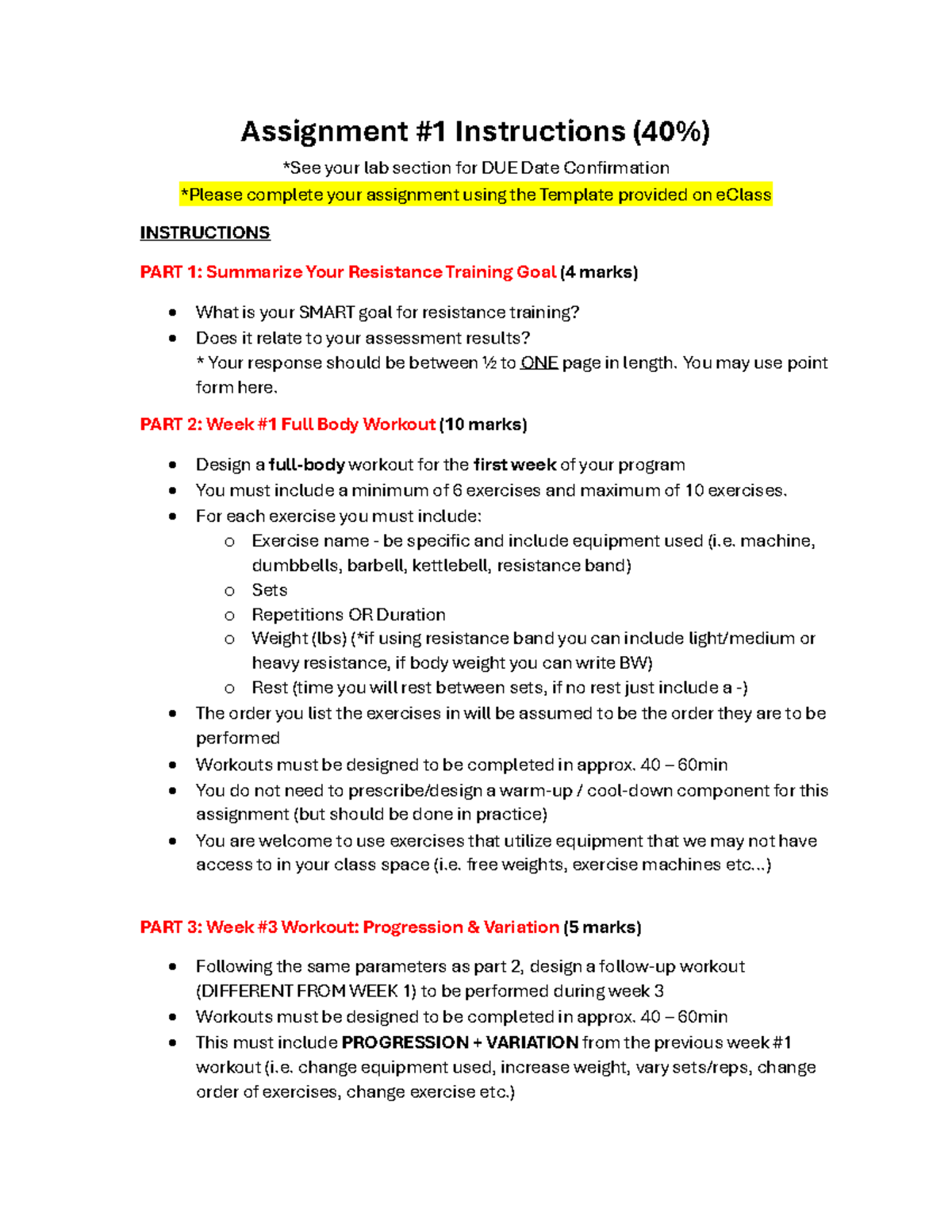 Assignment 1: Lab Section Instructions for Resistance Training Goals ...