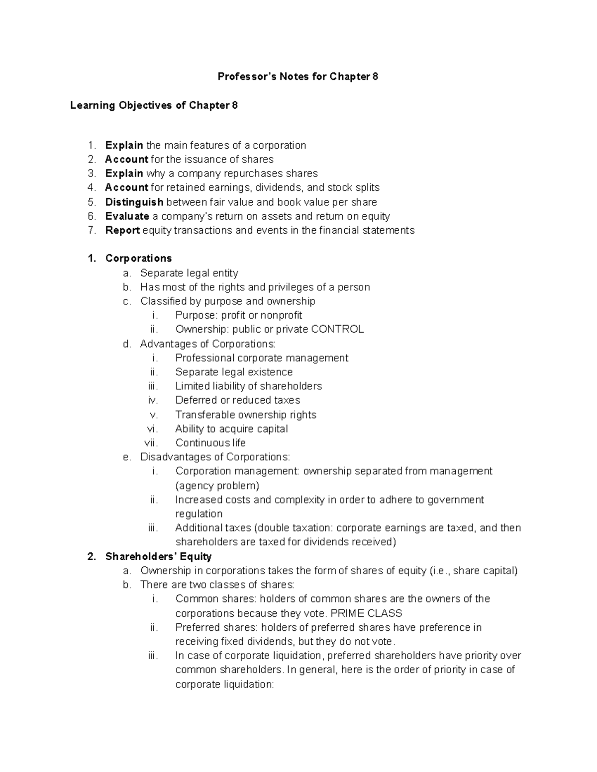 Professor's Notes for Commerce 3AC3: Chapter 8 - Corporate Equity - Studocu