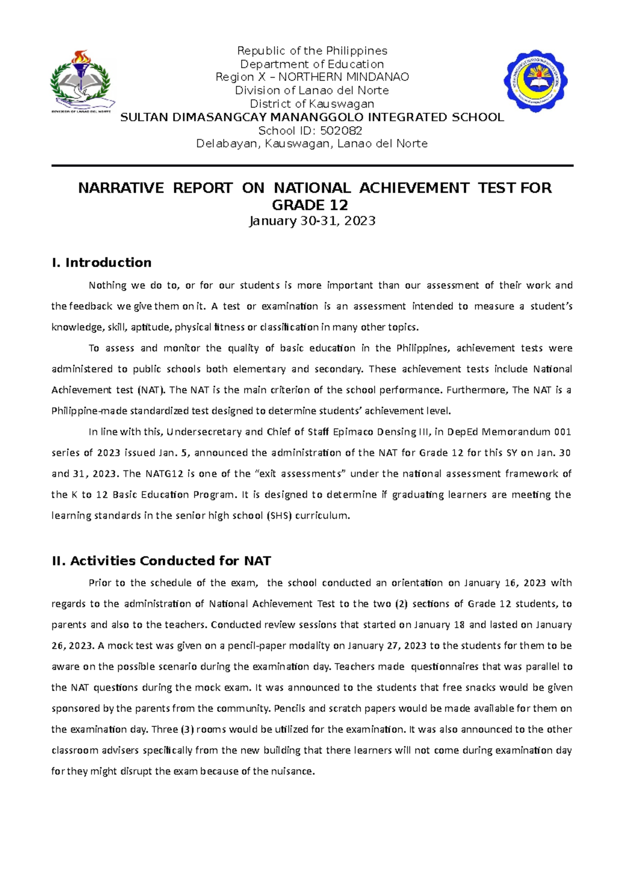 NAT Narrative Report for G12 - Sultan Dimasangcay 2022-2023 - Studocu