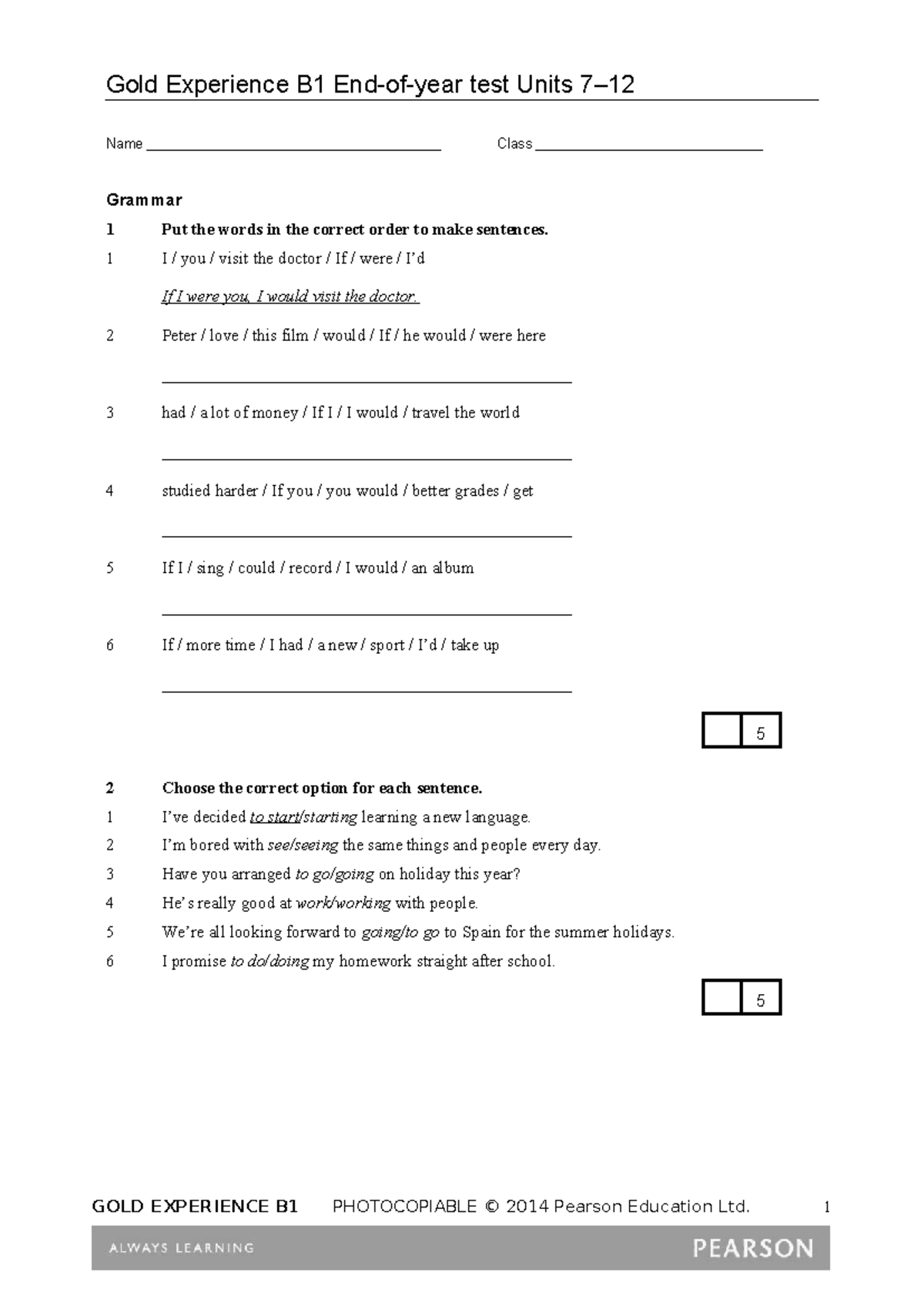 B1 End of Year Test - Grammar and Vocabulary Practice - Studocu