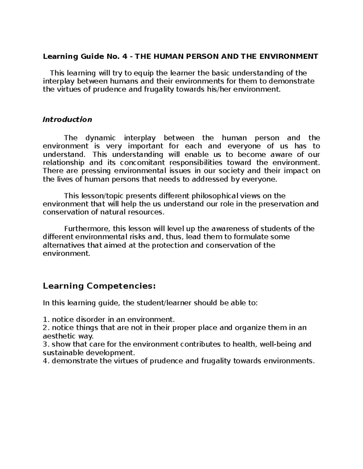 Learning Guide No. 4: The Human Person & Environment Interplay - Studocu