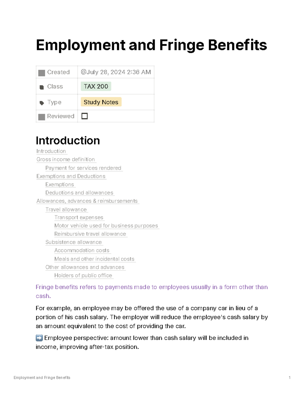 TAX 200 Study Notes: Employment and Fringe Benefits Overview - Studocu