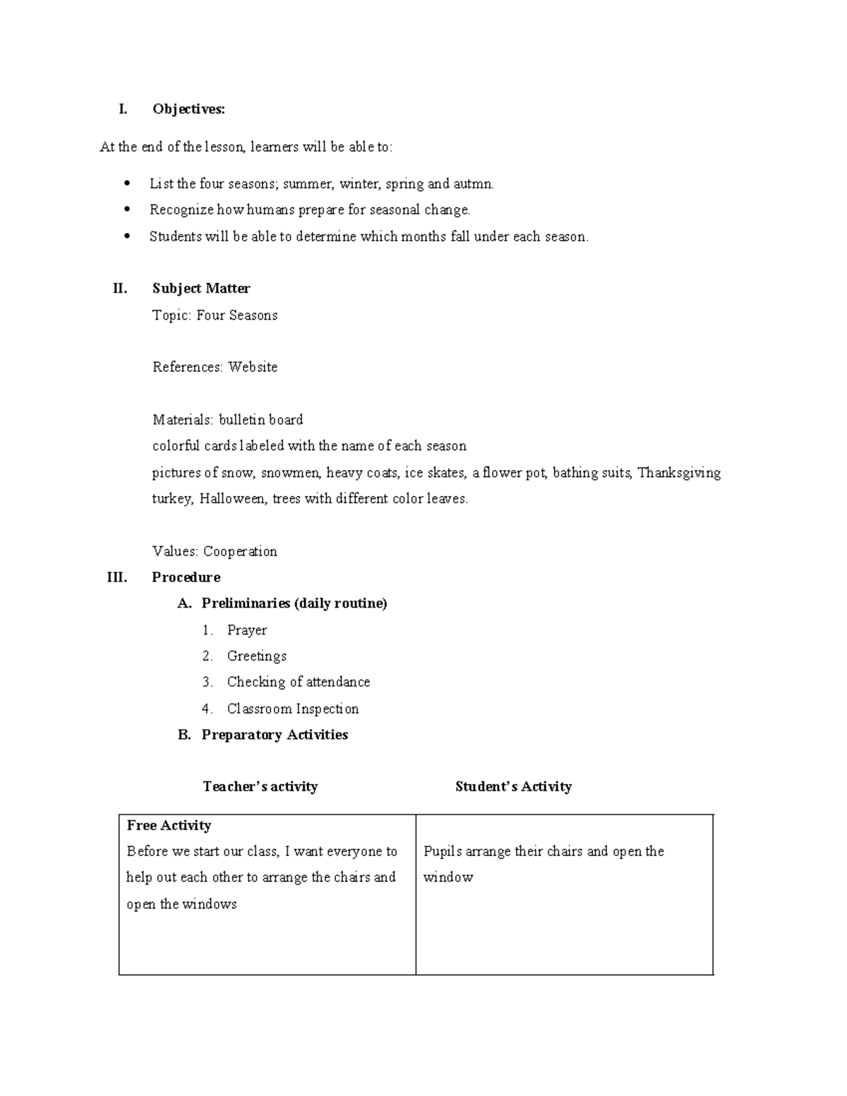 Four Seasons Lesson Plan - Engaging Activities and Objectives - Studocu