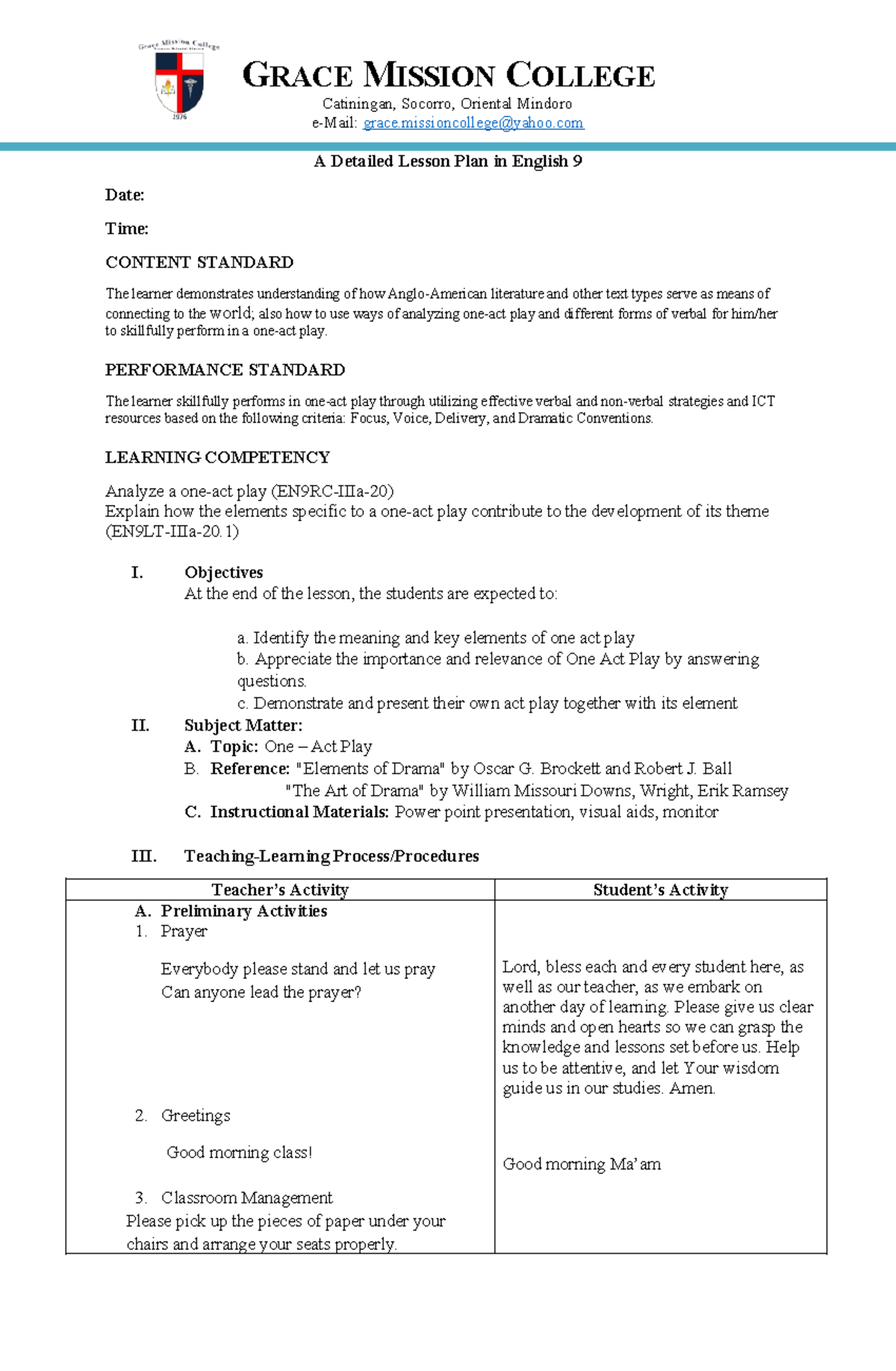 Detailed Lesson Plan on One Act Play for English 9 (EN9RC-IIIa-20 ...