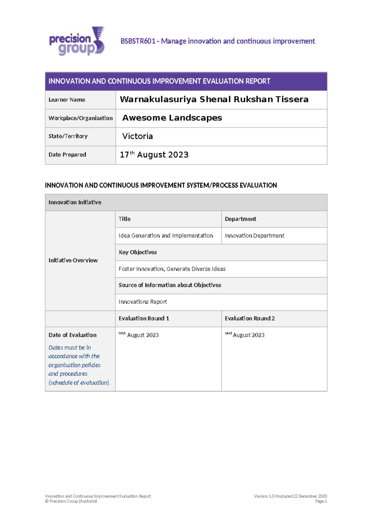 STR601 Innovation and Continuous Improvement Evaluation Report Template ...