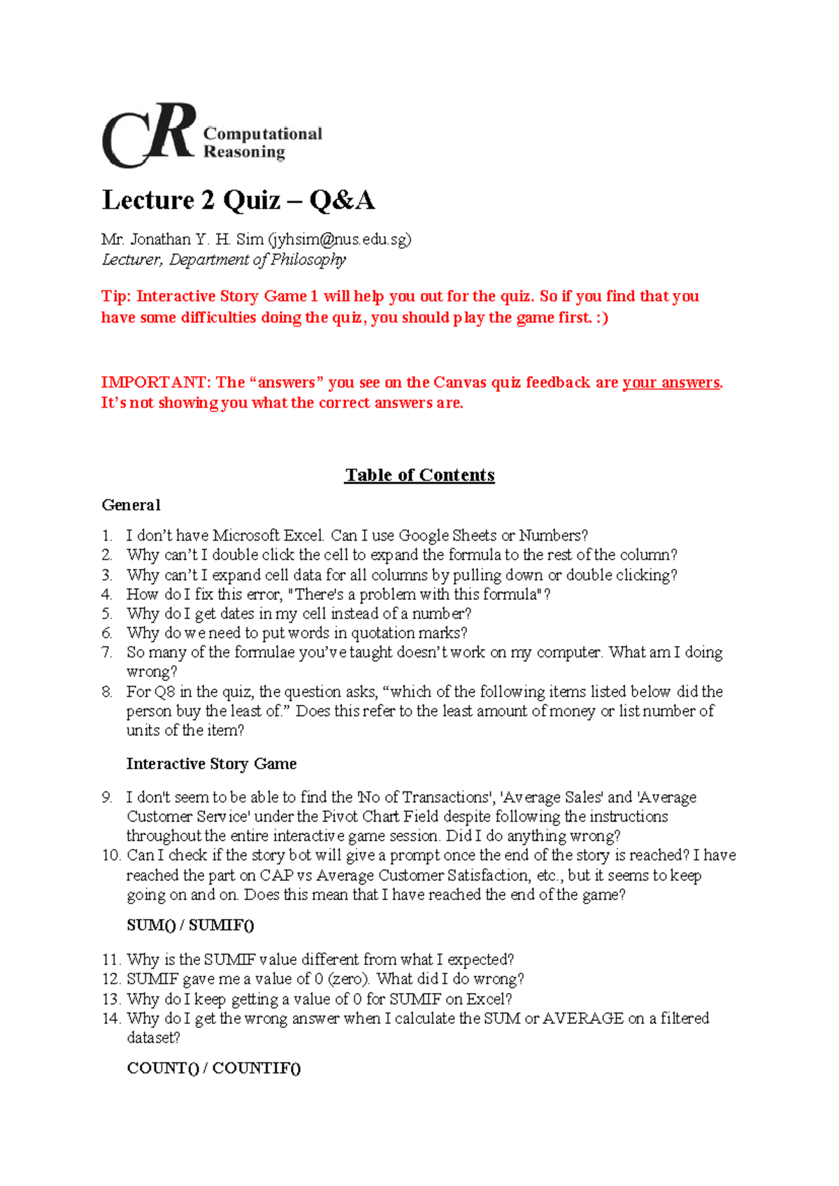 CR Lecture 2 Knowledge Checker Quiz - Q&A - Lecture 2 Quiz – Q&A Mr ...