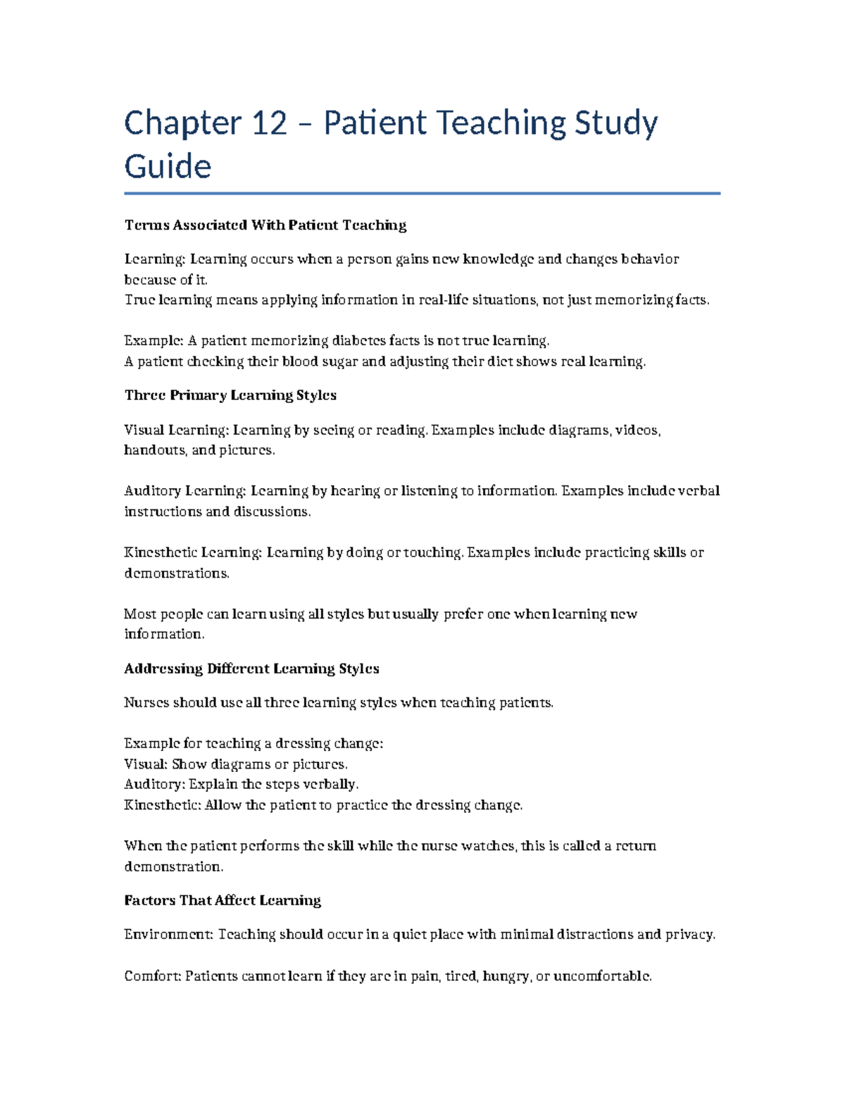 Chapter 12 Patient Teaching: Key Terms & Learning Styles Guide - Studocu