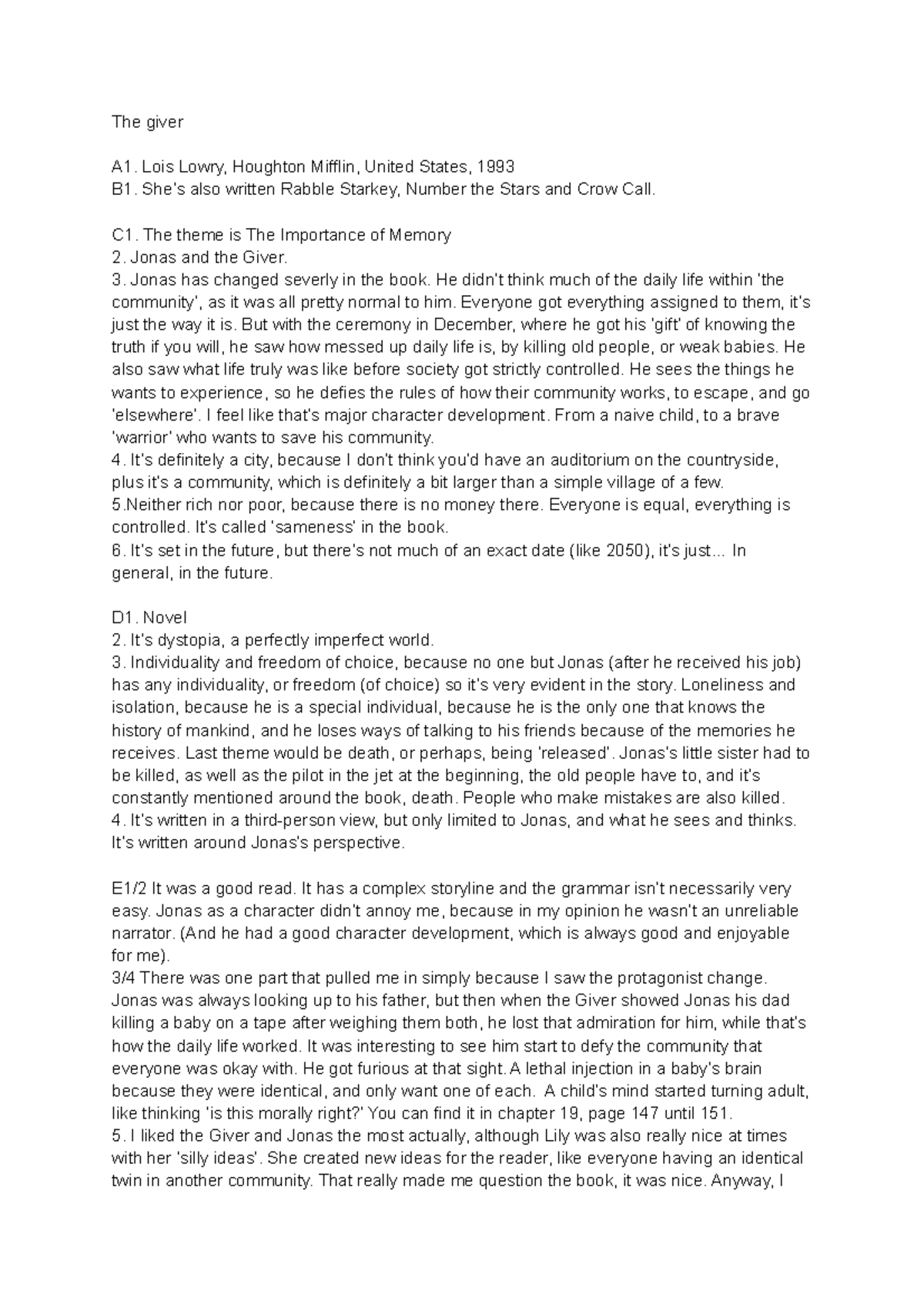 BP2 The Giver: Analyzing Themes of Memory and Individuality - Studeersnel