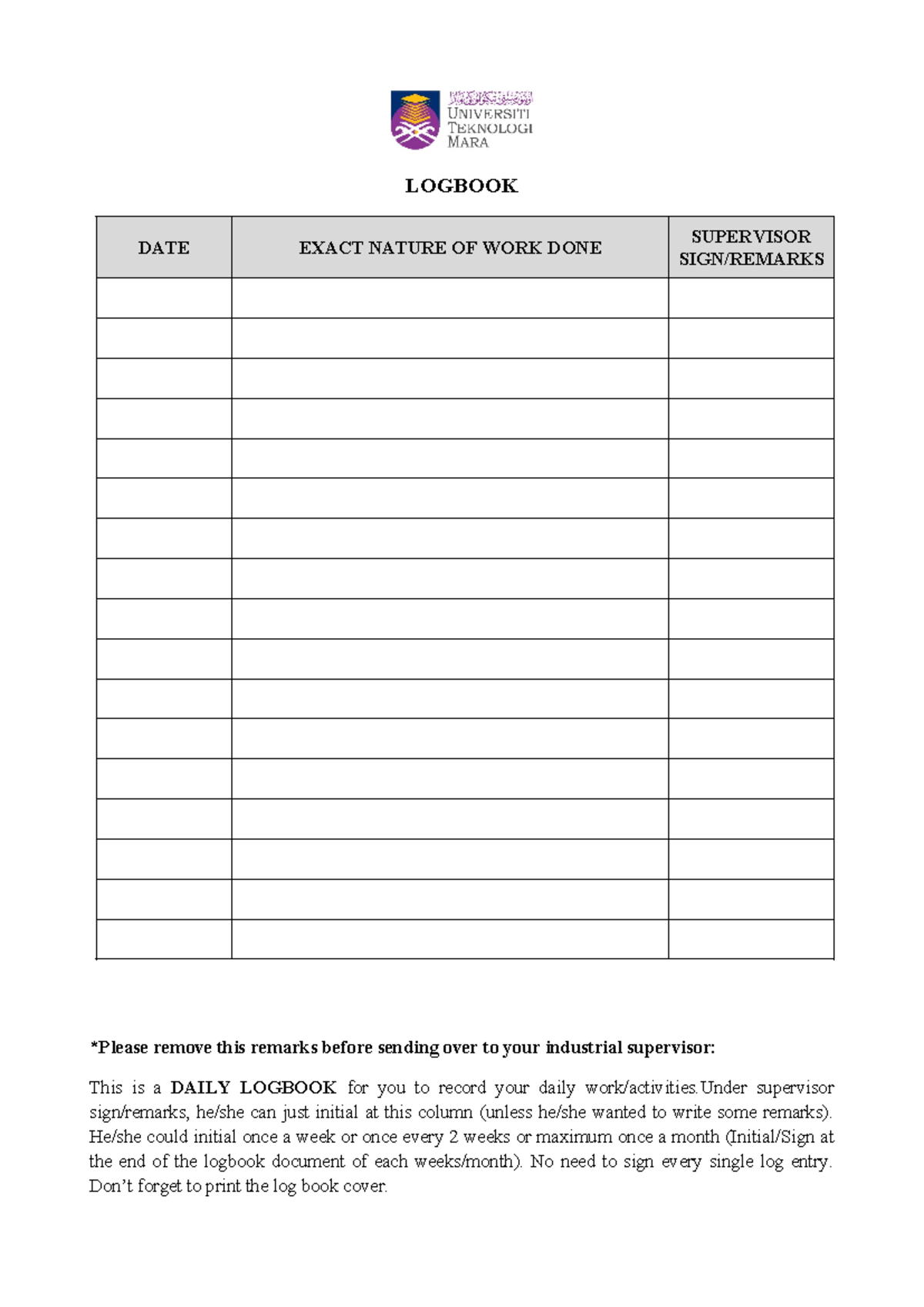 Logbook -original - LOGBOOK DATE EXACT NATURE OF WORK DONE SUPERVISOR ...