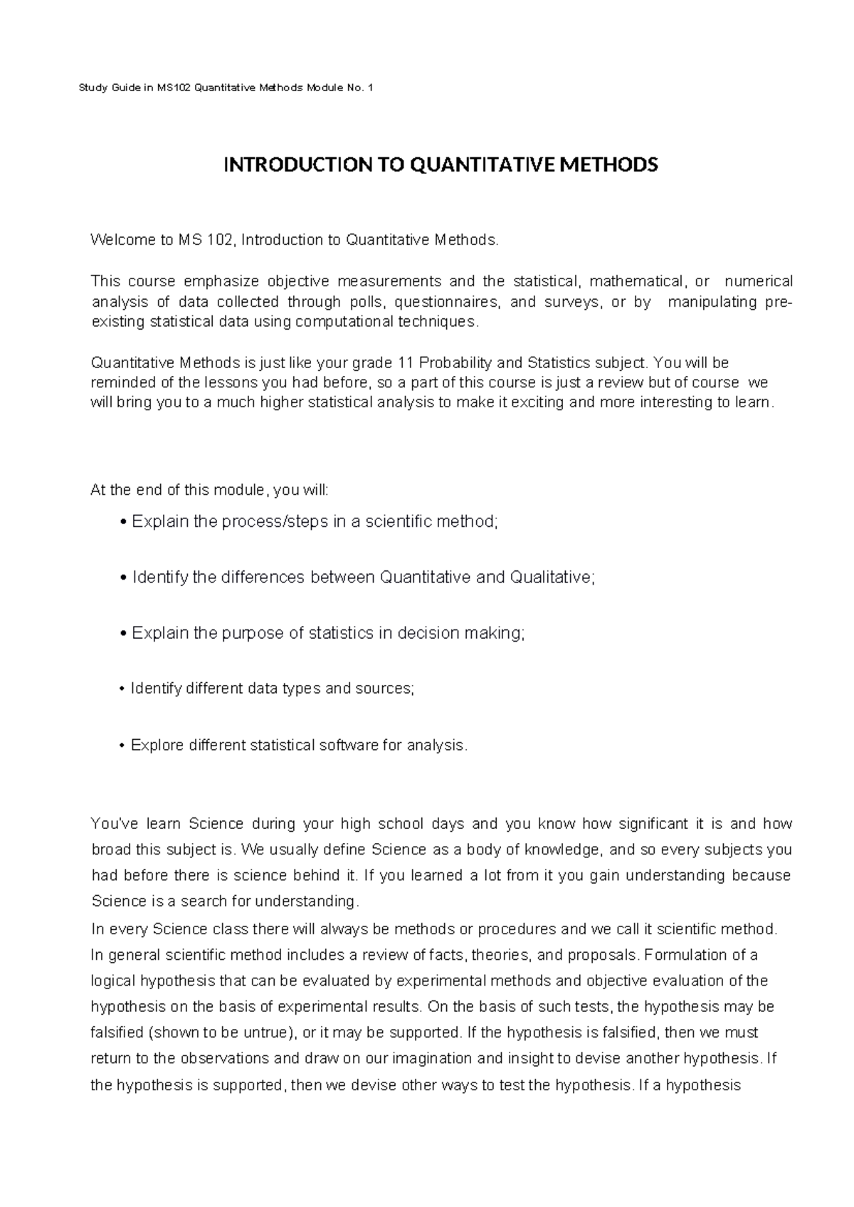 "MS102 Study Guide: Intro to Quantitative Methods (Module 1)" - Studocu