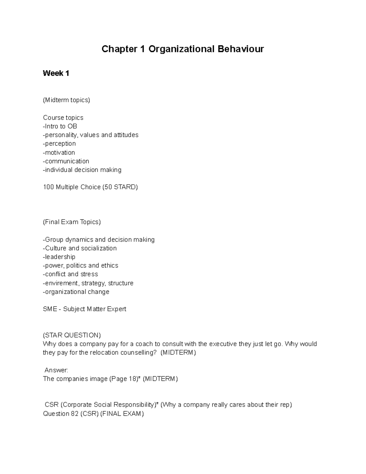 Chapter 1-6 Organizational Behaviour Notes (Midterm & Final Exam Topics ...