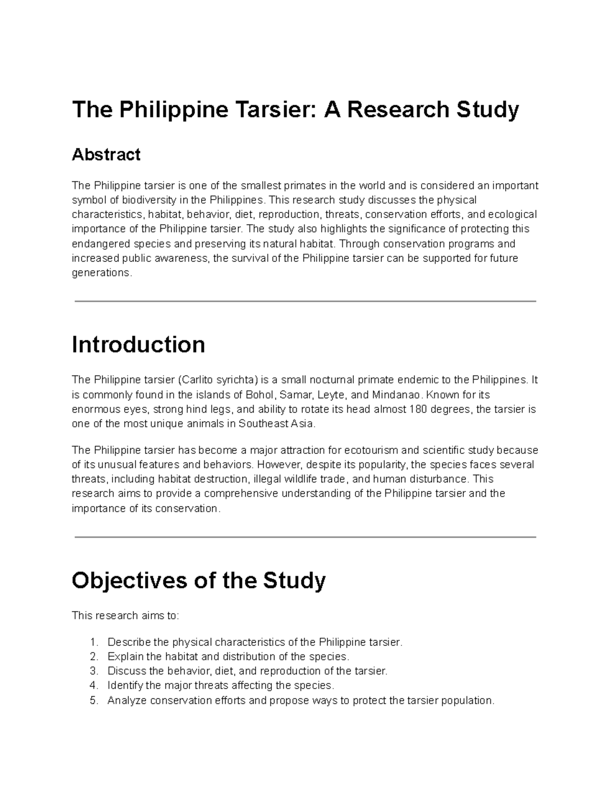 Philippine Tarsier Conservation: A Comprehensive Research Study - Studocu