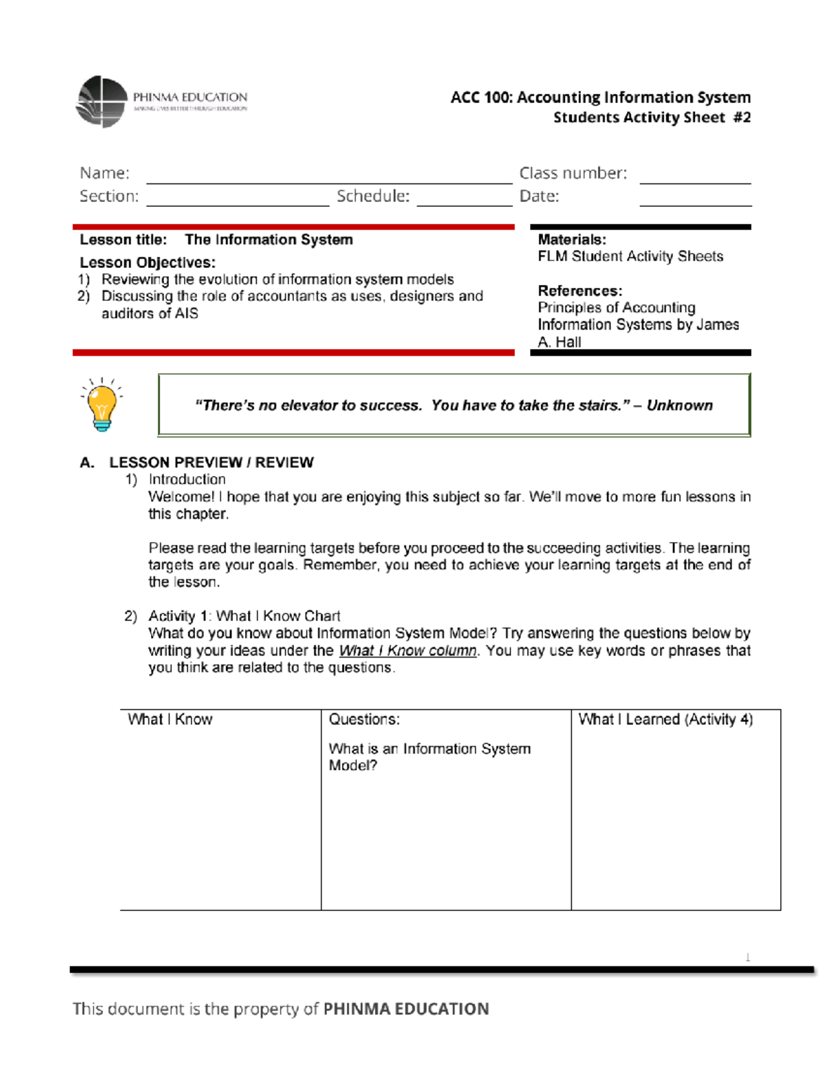 PHINMA EDUCATION ACC 100: AIS Student Activity Sheet on Information ...